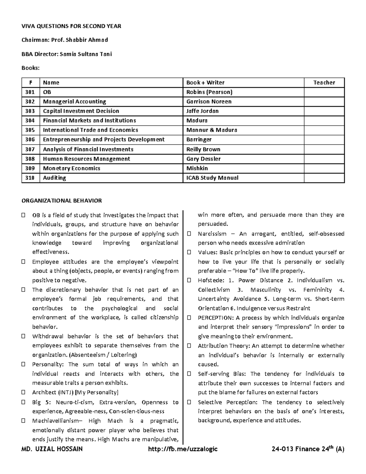 VIVA - 3rd Year - VIVA QUESTIONS FOR SECOND YEAR Chairman: Prof. Shabbir Ahmad BBA Director ...