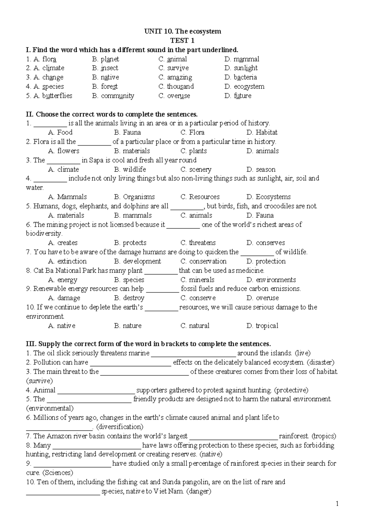 34. UNIT 10. The ecosystem - TEST 1 - UNIT 10. The ecosystem TEST 1 I ...