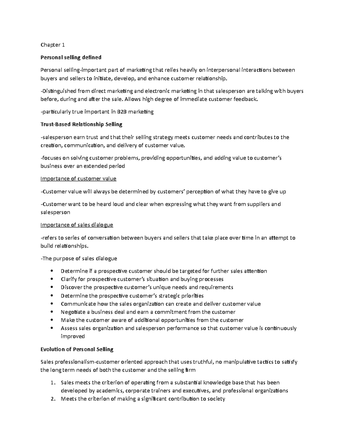 Revision Notes - Chapter 1 - Chapter 1 Personal selling defined ...