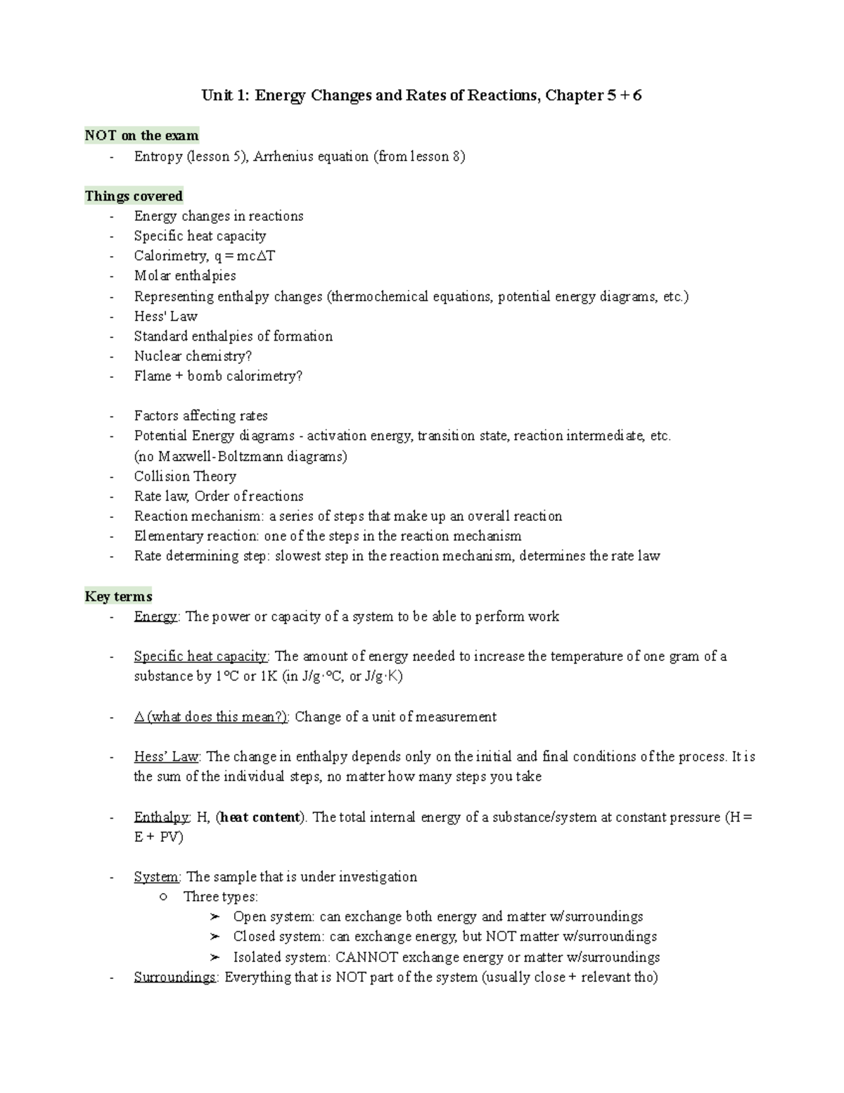 01 - Energy and Rates - Notes - Unit 1: Energy Changes and Rates of ...
