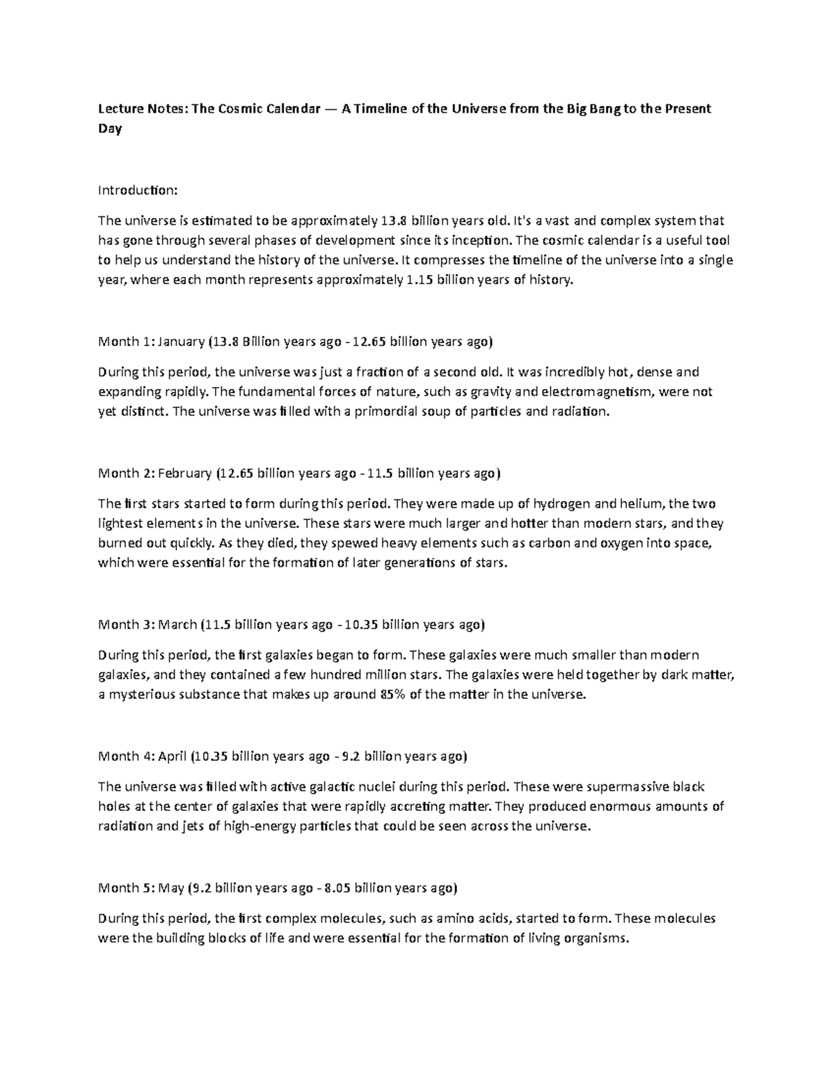 Lecture Notes: The Cosmic Calendar — A Timeline of the Universe from ...