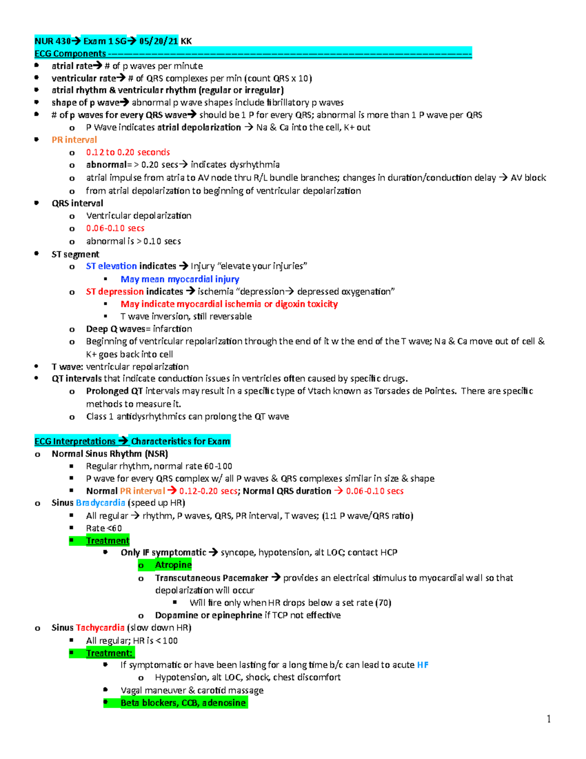 EXAM 1 study guide - NUR 430 Exam 1 SG 05/20/21 KK ECG Components ...