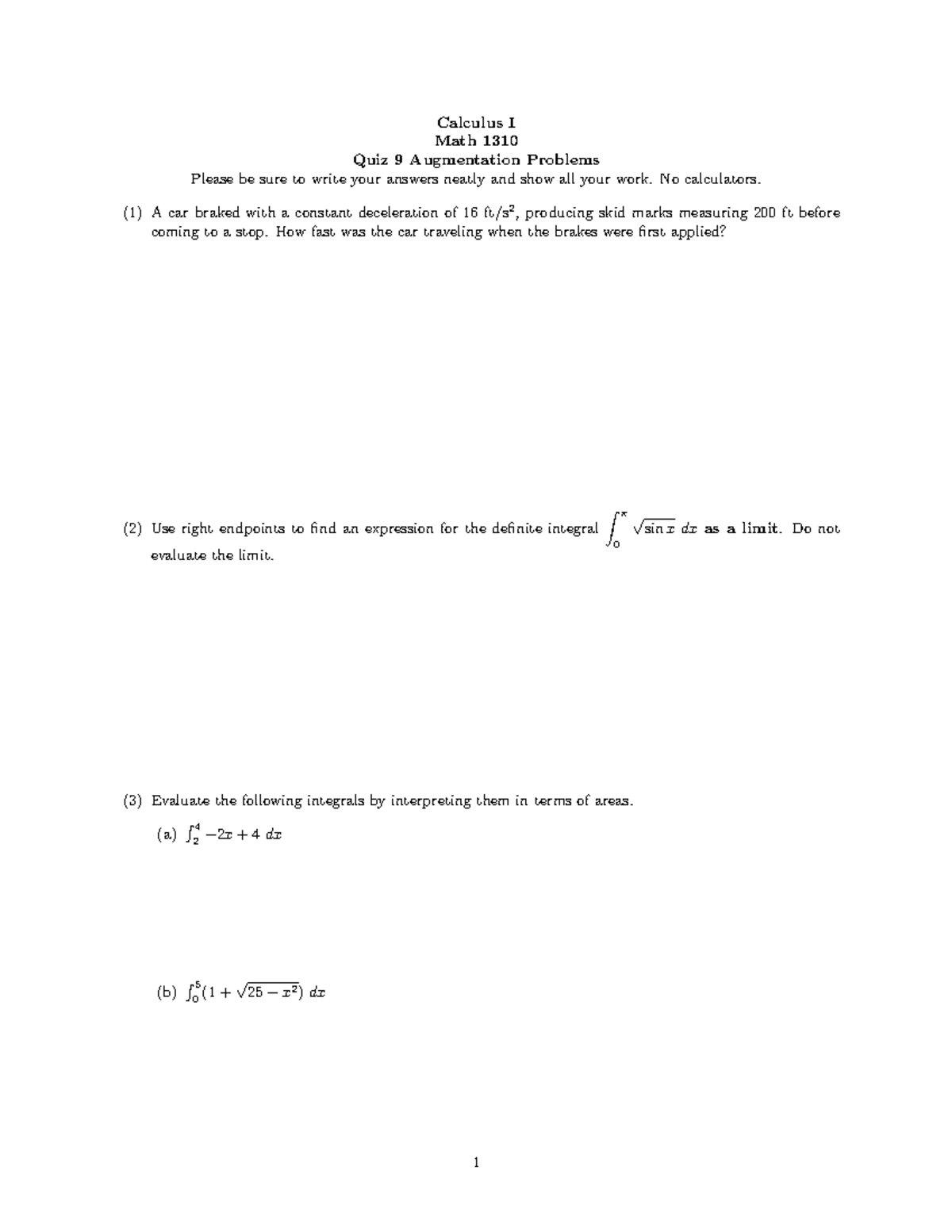 Quiz 9 EC Problems - Calculus I Math 1310 Quiz 9 Augmentation Problems ...