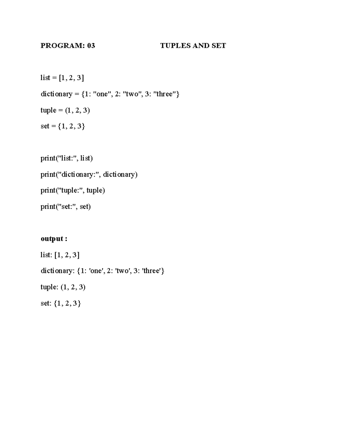 Python Program 03 Tuples And Set List 1 2 3 Dictionary 1