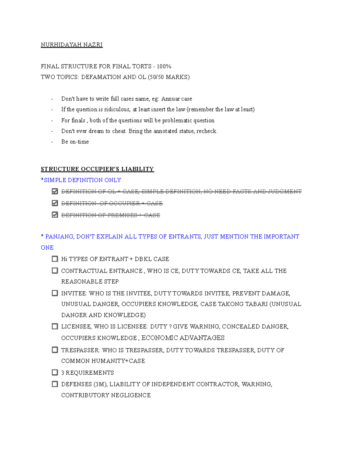 Structure - NURHIDAYAH NAZRI FINAL STRUCTURE FOR FINAL TORTS - 100% TWO ...