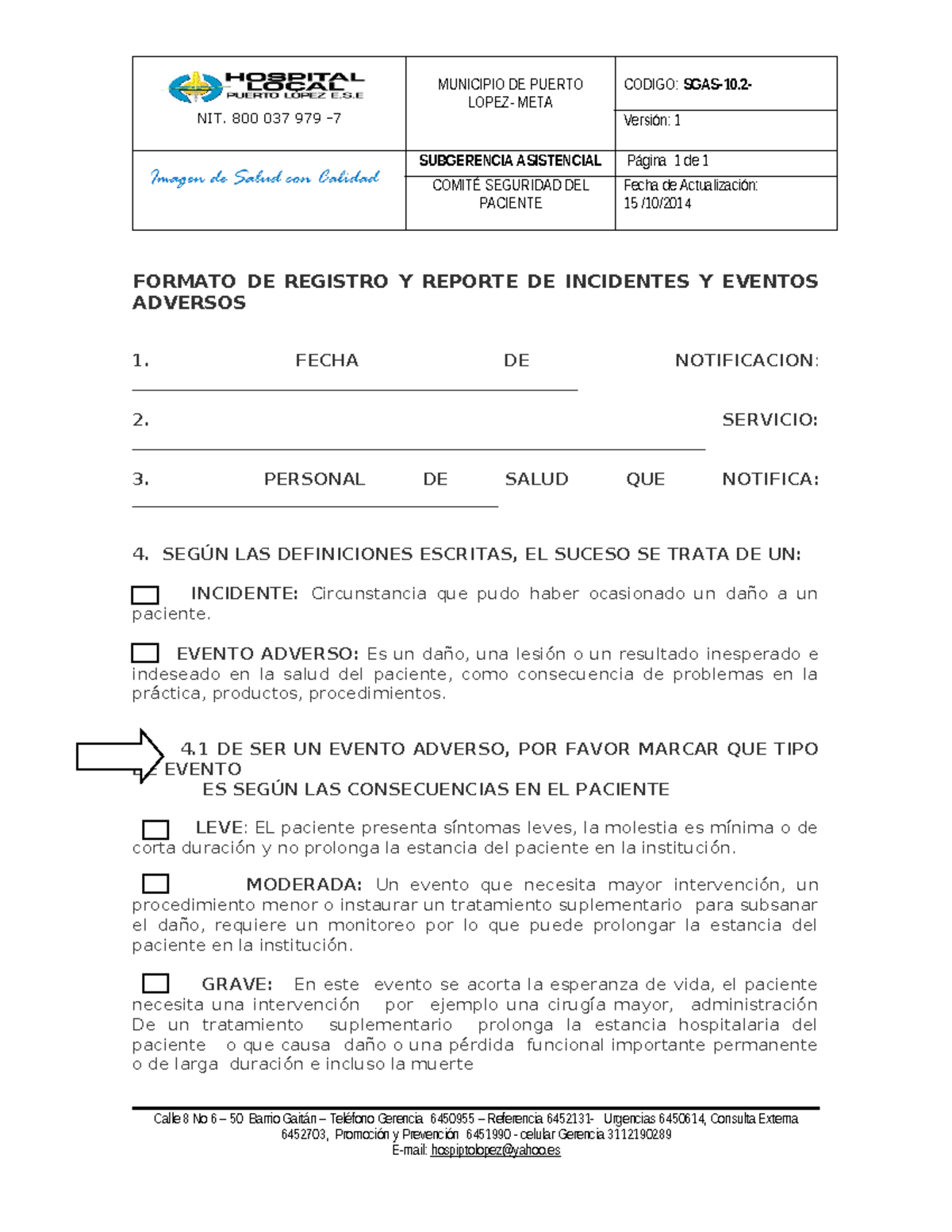 Formato Reporte 2 Evento Adverso 2015 - NIT. 800 037 979 - MUNICIPIO DE PUERTO LOPEZ- META ...