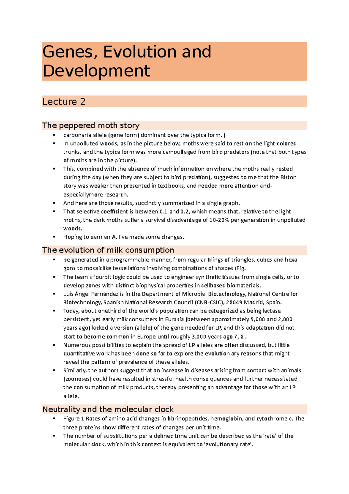 GED Lecture 2 additional reading summary - Genes, Evolution and Development Lecture 2 The ...