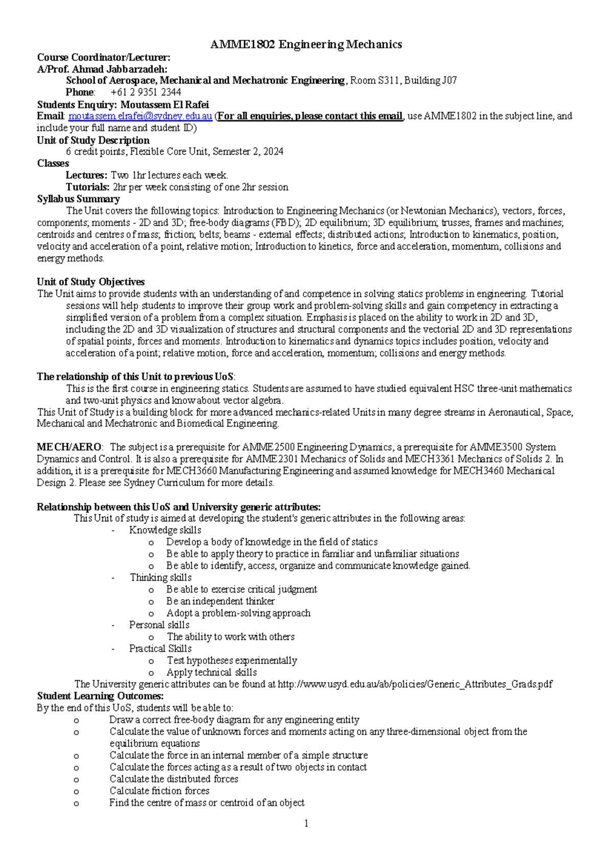 AMME1802 Outline 2024 - AMME1802 Engineering Mechanics Course ...