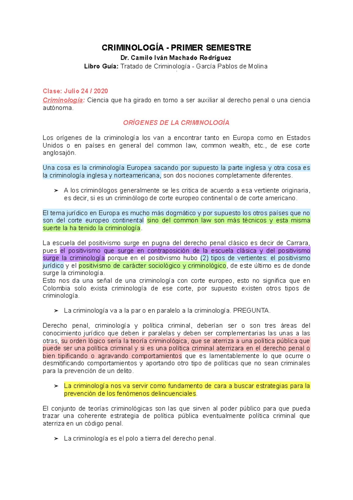 Criminología Primer Semestre - CRIMINOLOGÍA - PRIMER SEMESTRE Dr ...