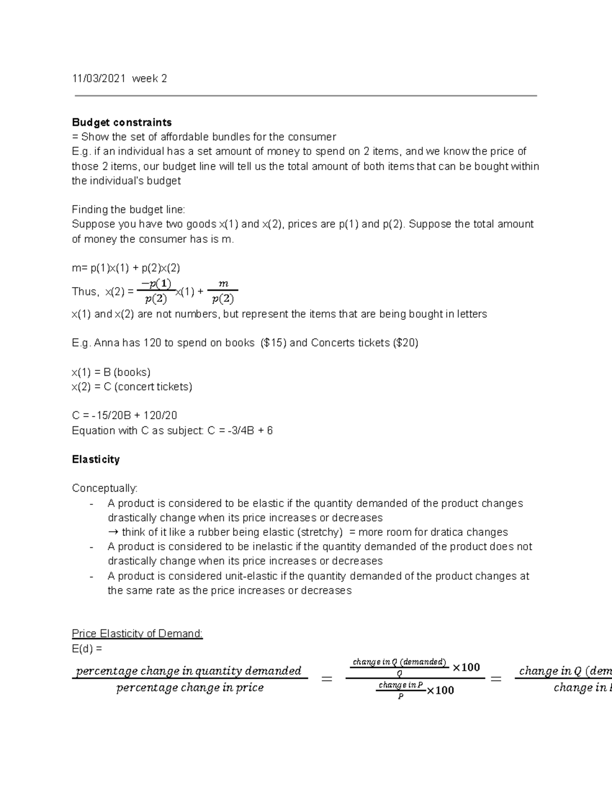 ECON1003 lecture notes (sem 1) - 11/03/2021 week 2 Budget constraints ...