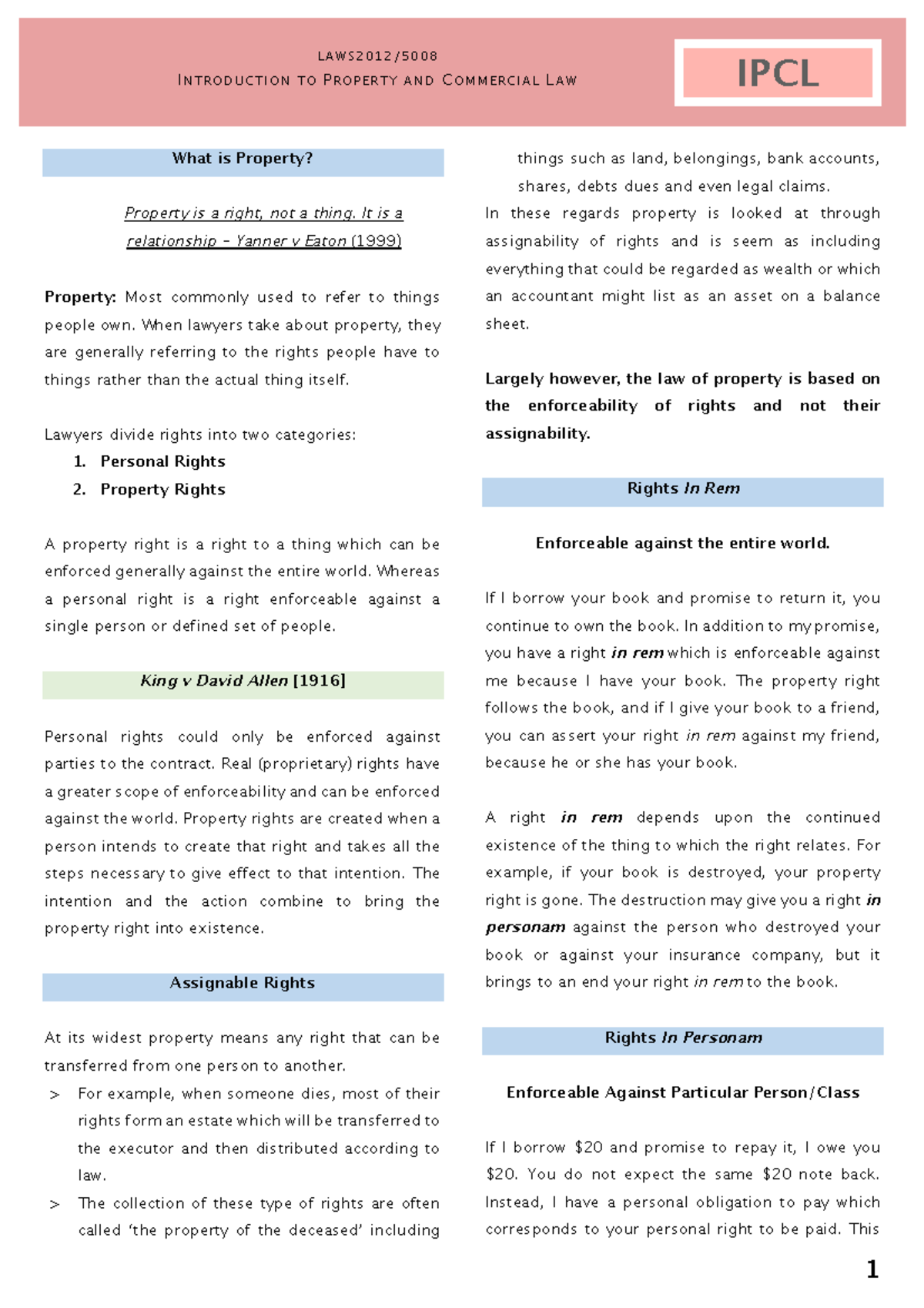 IPCL Topic 1 exam notes - IPCL INTRODUCTION TO PROPERTY AND COMMERCIAL ...
