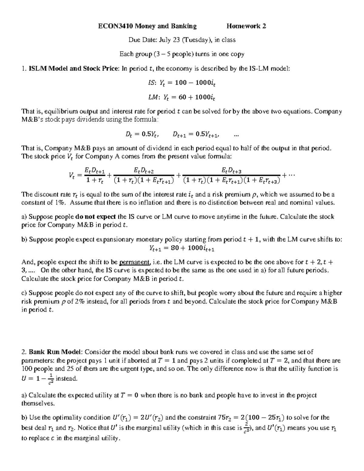 HW2 - Homework 2 of Summer Course - ECON3410 Money and Banking Homework ...