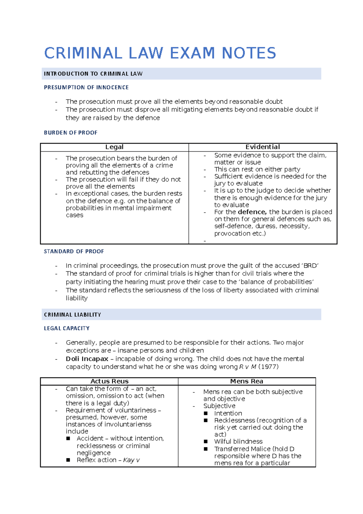 Criminal Law Exam Notes - CRIMINAL LAW EXAM NOTES INTRODUCTION TO ...