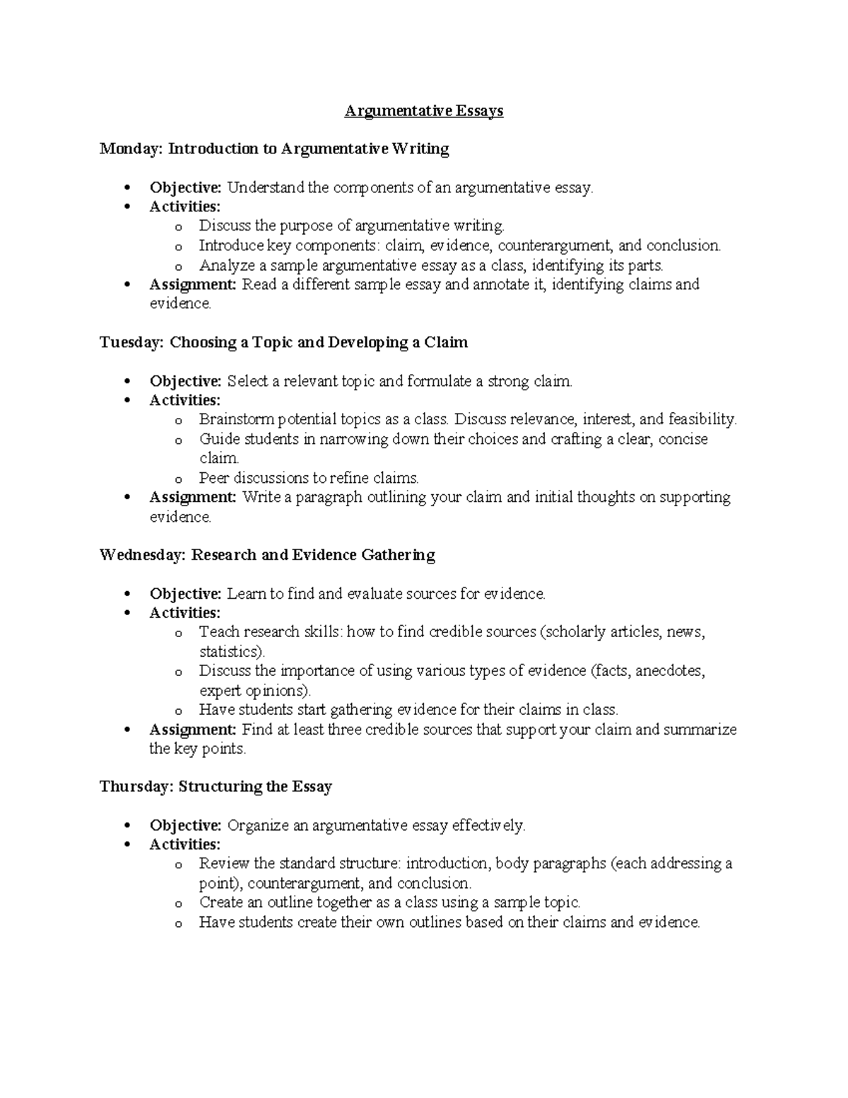 Argumentative Essays Weekly Lesson Plan - Argumentative Essays Monday ...