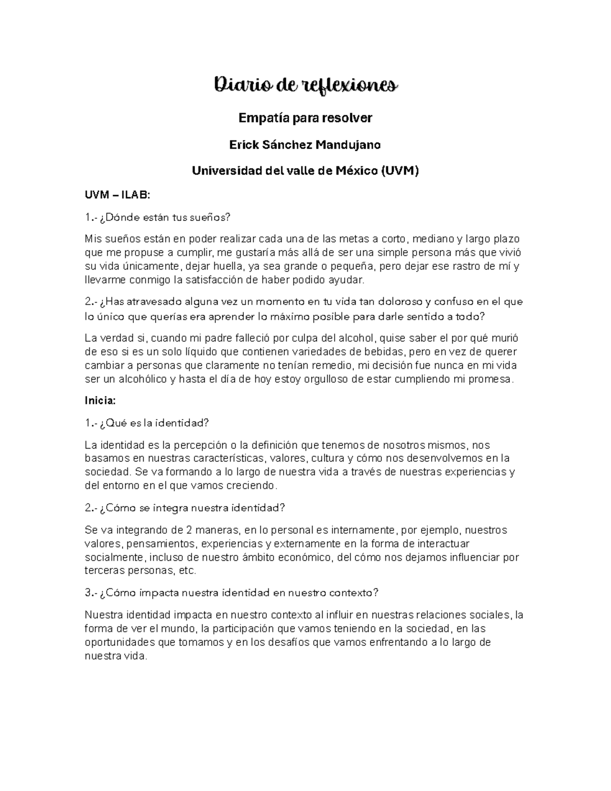 Diario de reflexiones ESM - Diario de reflexiones Empatía para resolver Erick Sánchez Mandujano ...