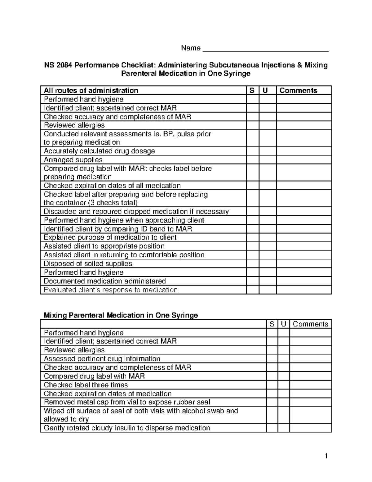 Checklist - Subcutaneous Injections - 1 Name ...