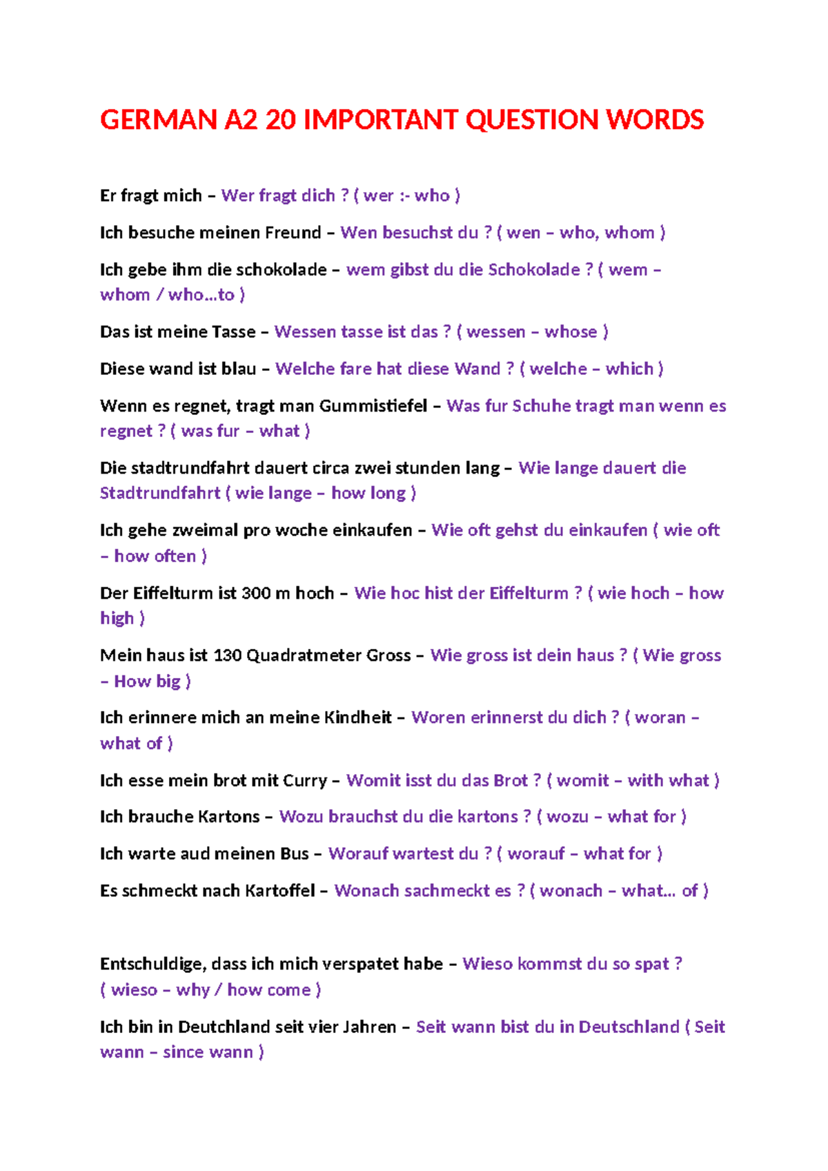 German A2 20 Important Question Words - GERMAN A2 20 IMPORTANT QUESTION ...