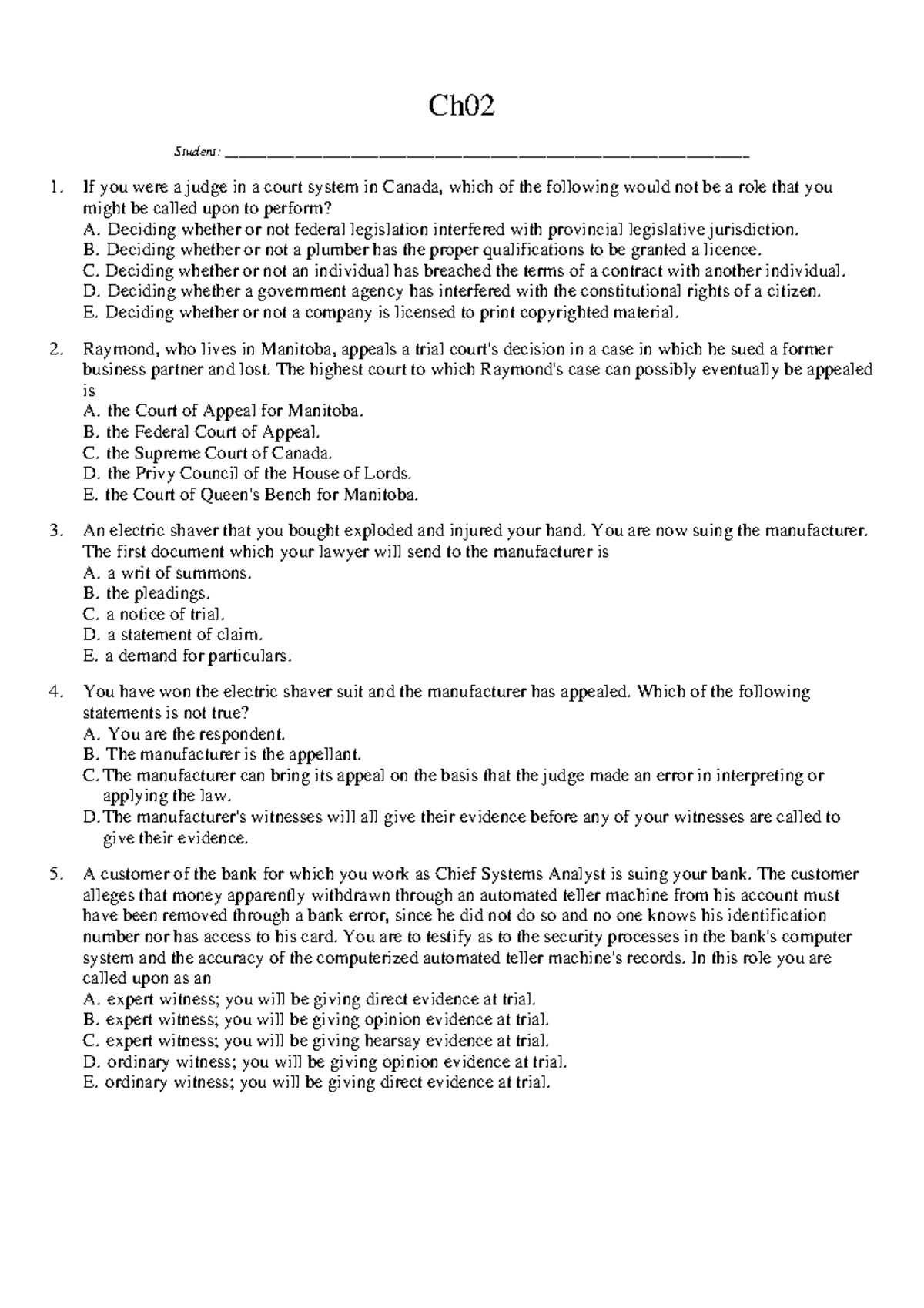 Sample/practice exam 2020, questions and answers - Ch Student: - Studocu