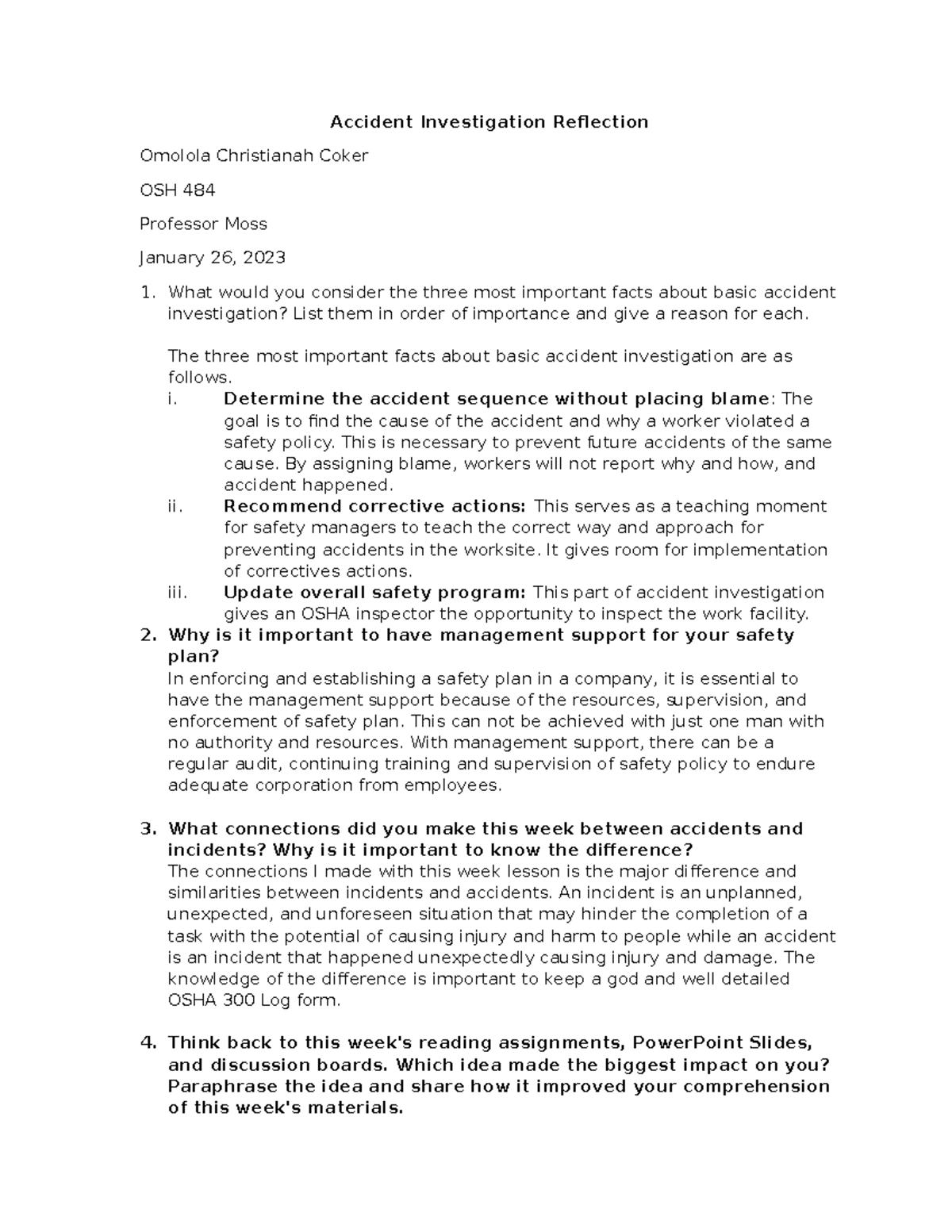 Accident Investigation Reflection OSH 484 WK 4 - Accident Investigation ...