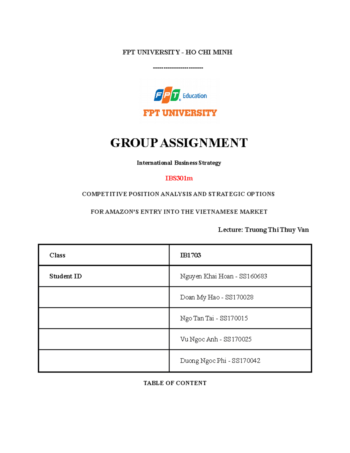 Ibs301m Group Assignment 2 Fpt University Ho Chi Minh Group