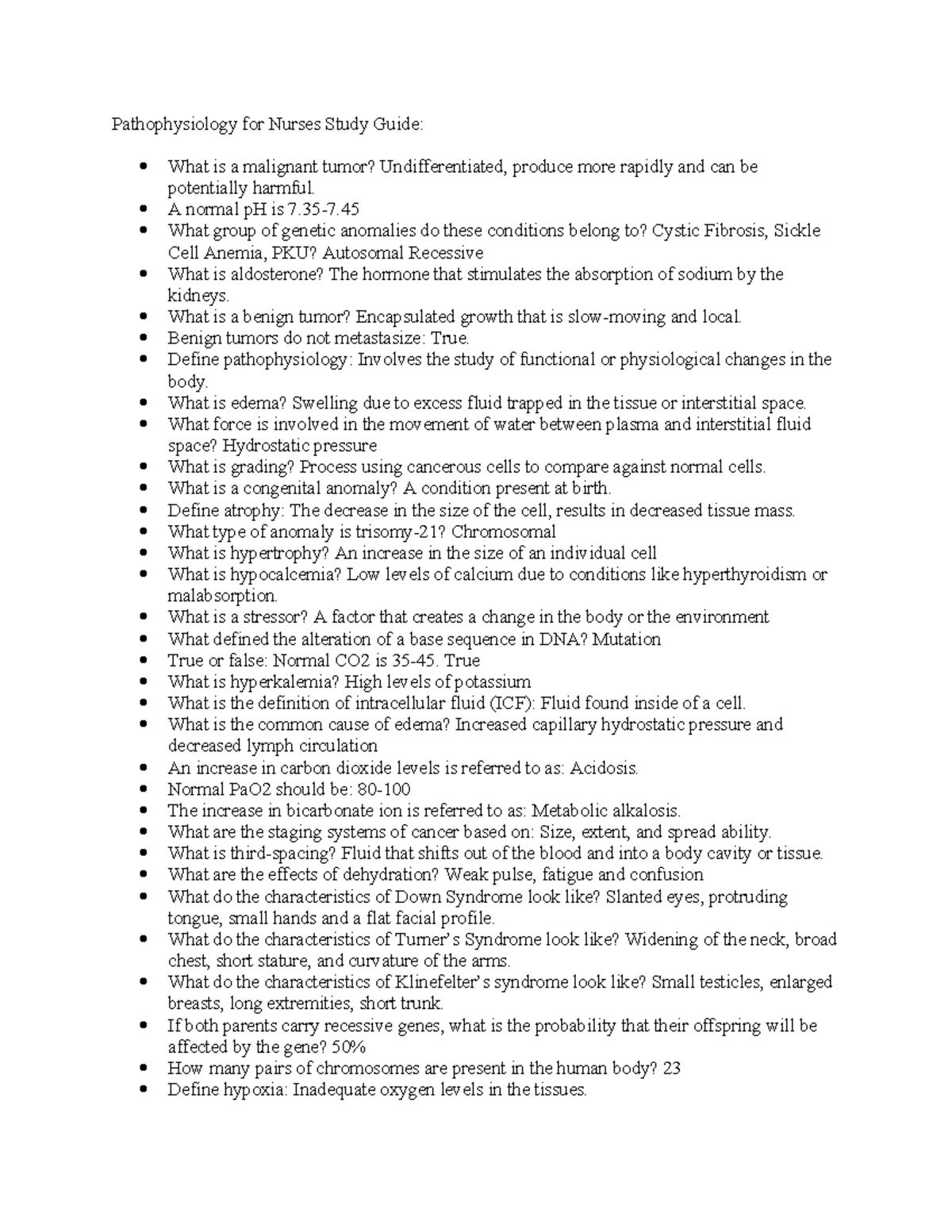 Patho for Nurses Study Guide 1 - Pathophysiology for Nurses Study Guide ...