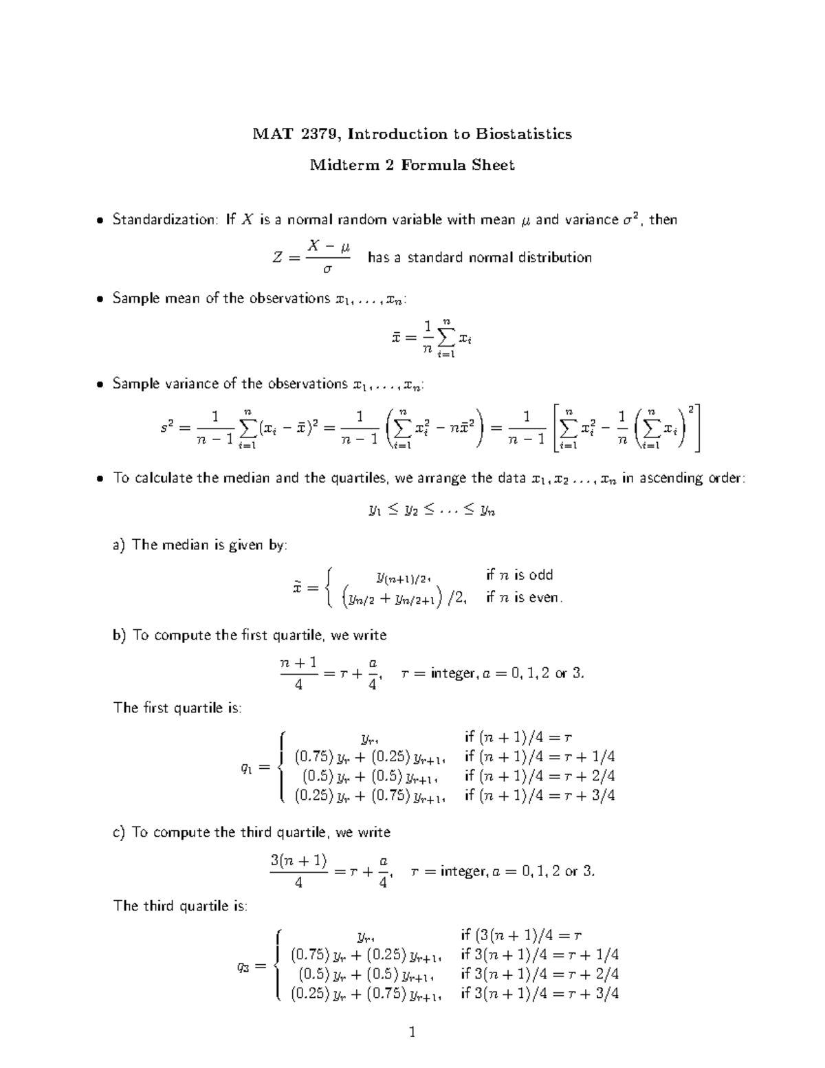 2379 Midterm 2 Sheet Midterm Practice Mat 2379 Introduction To Biostatistics Midterm 2 