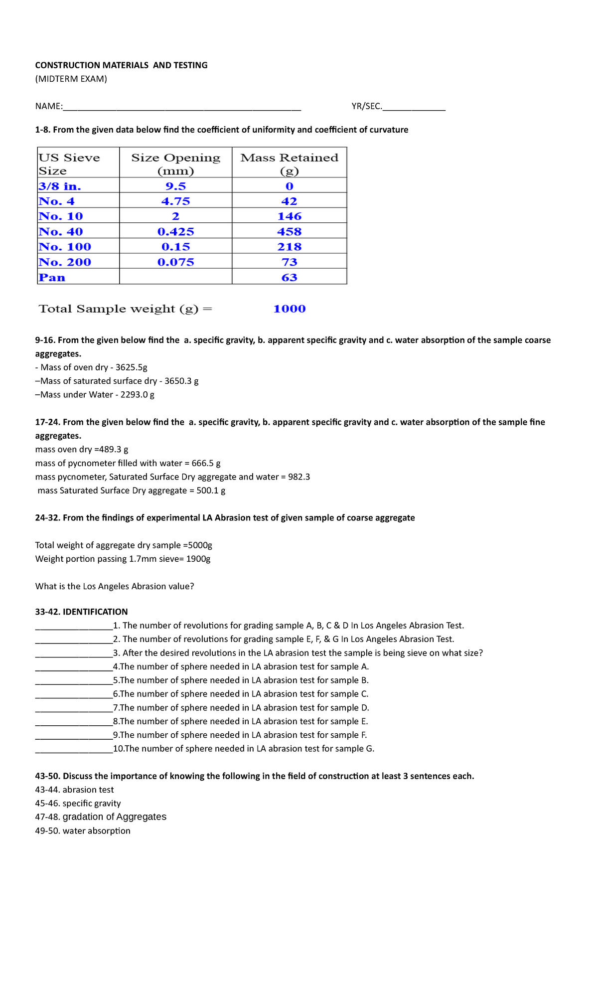 Construction Materials AND Testing Midterm EXAM Civil Engineering 