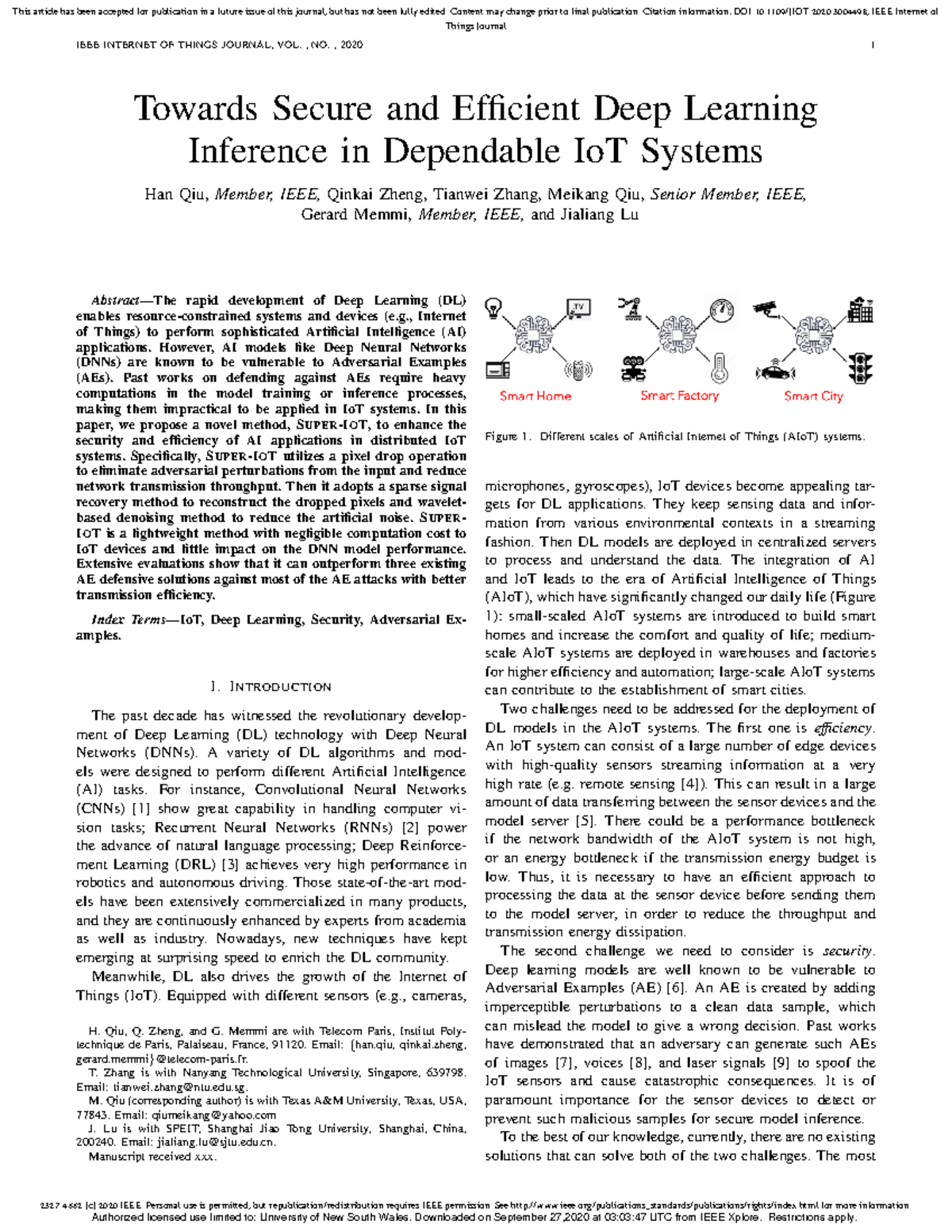 Towards Secure and Efficient Deep Learning Inference in Dependable Io T Systems - 2327-4662 (c ...