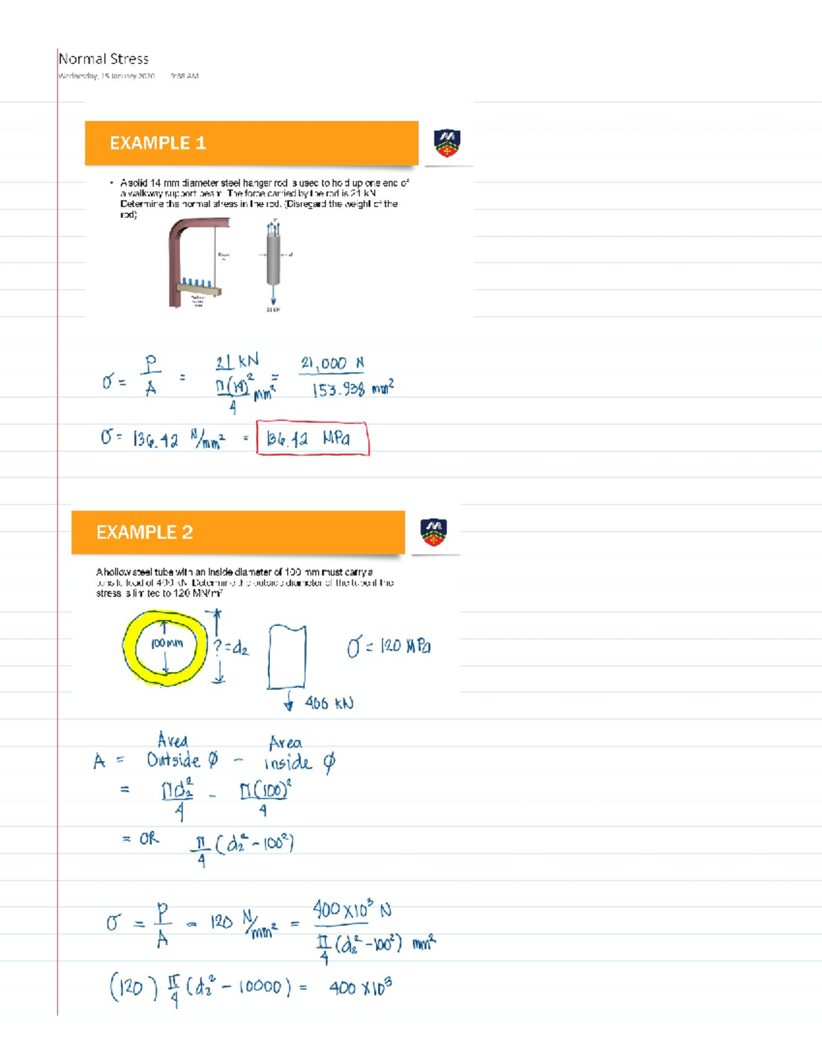 Example Normal Stress with solutions - strength of materials - Studocu