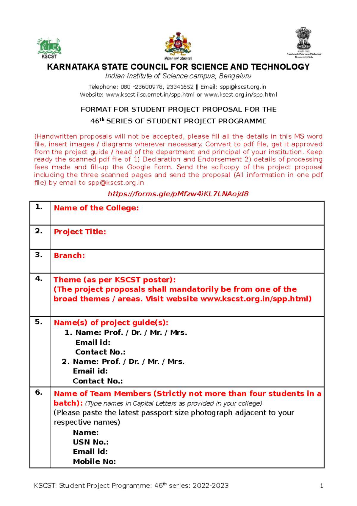 03 SPP 46S Proposal Format-1 - KARNATAKA STATE COUNCIL FOR SCIENCE AND ...