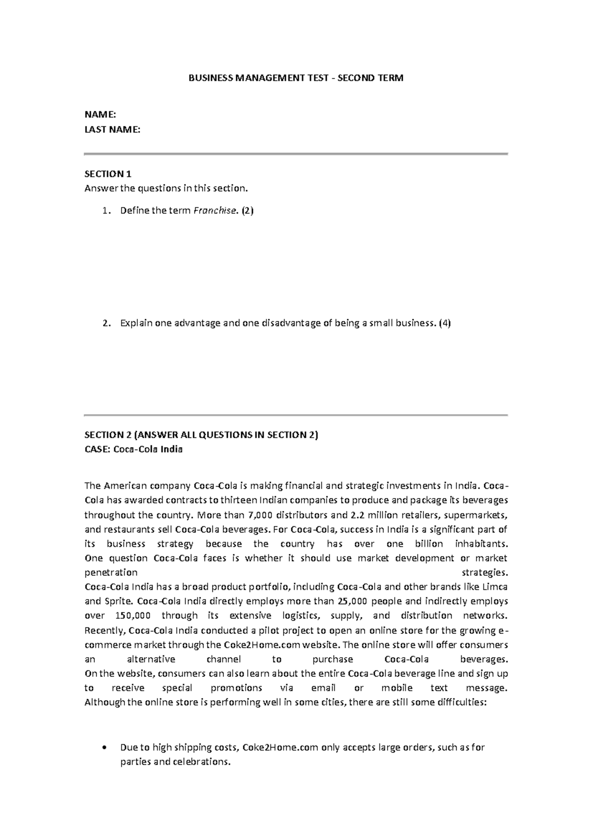 Business Management TEST - BUSINESS MANAGEMENT TEST - SECOND TERM NAME ...