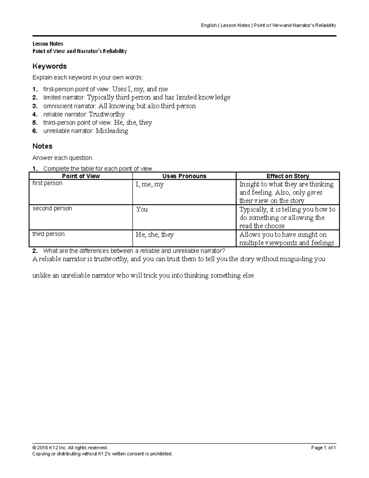 English Notebook 1 - English | Lesson Notes | Point of View and ...