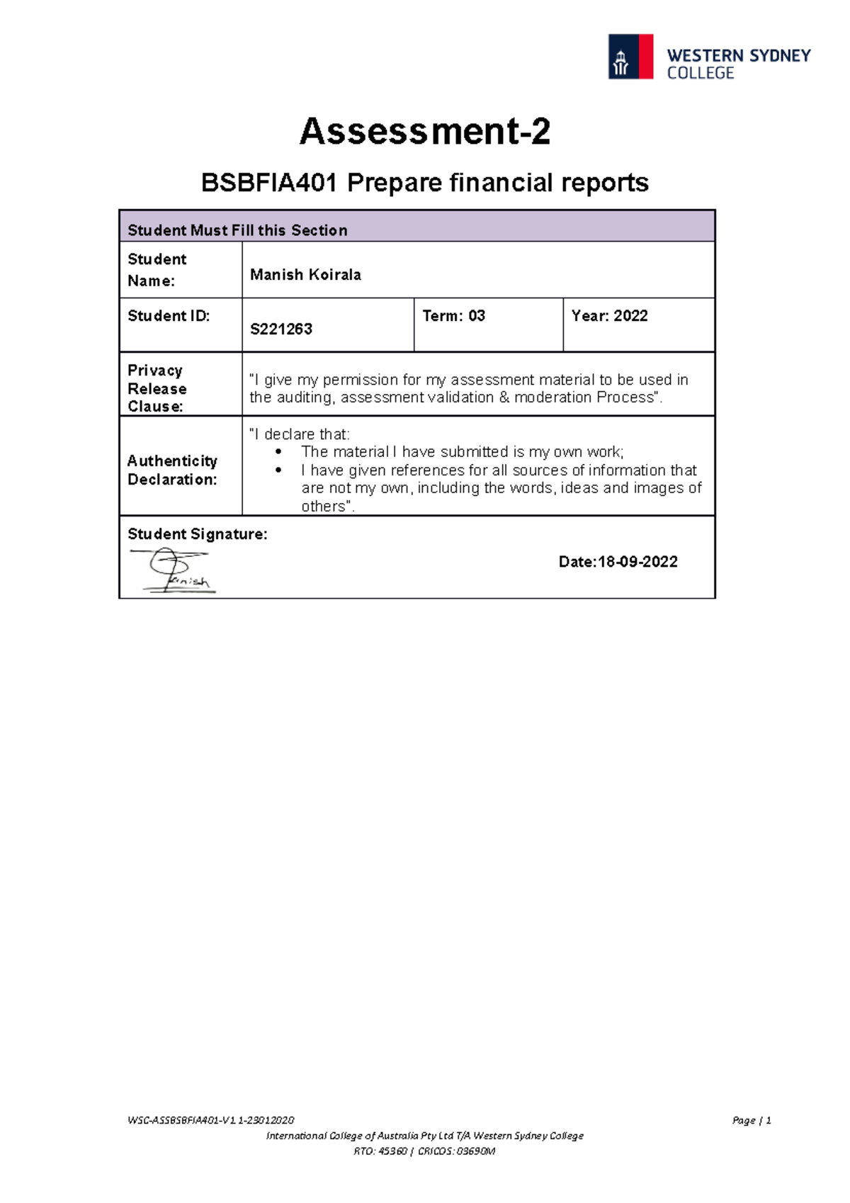 Manish Koirala S221263 Bsbfia 401Assessment-Task-2 - Assessment- BSBFIA401 Prepare financial ...