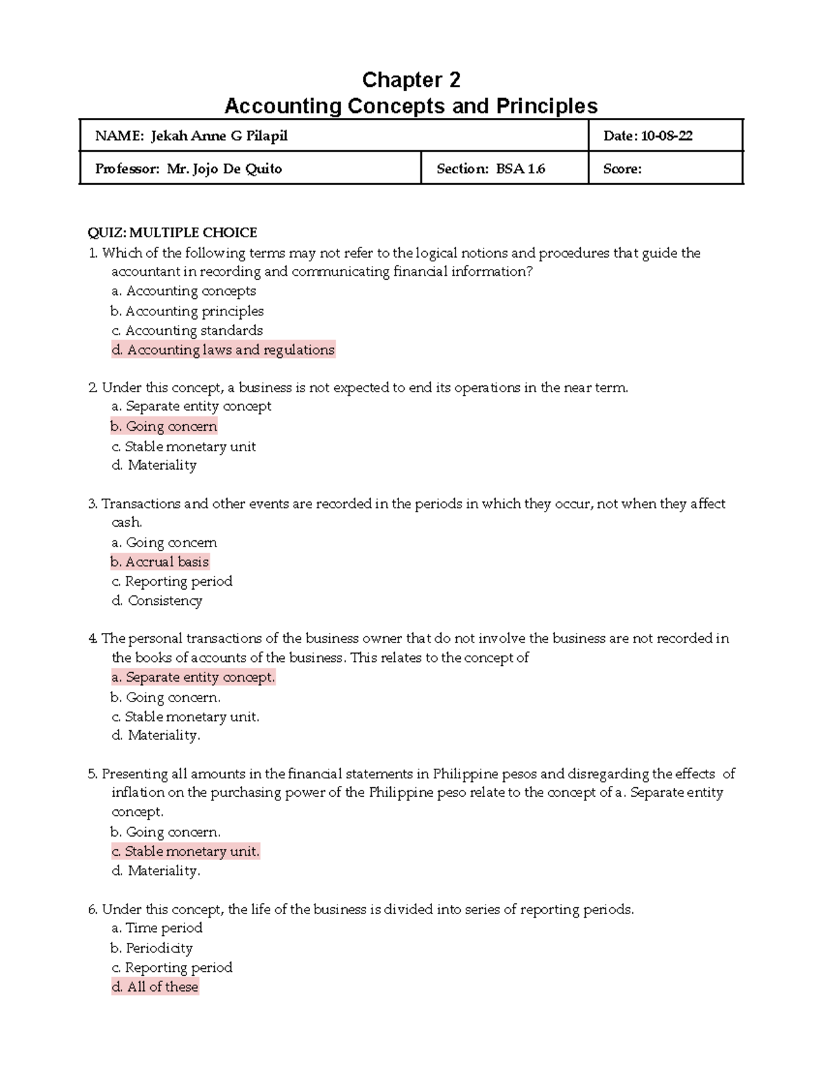 Quiz Far 1 2 Pilapil 1 - Chapter 2 Accounting Concepts and Principles ...