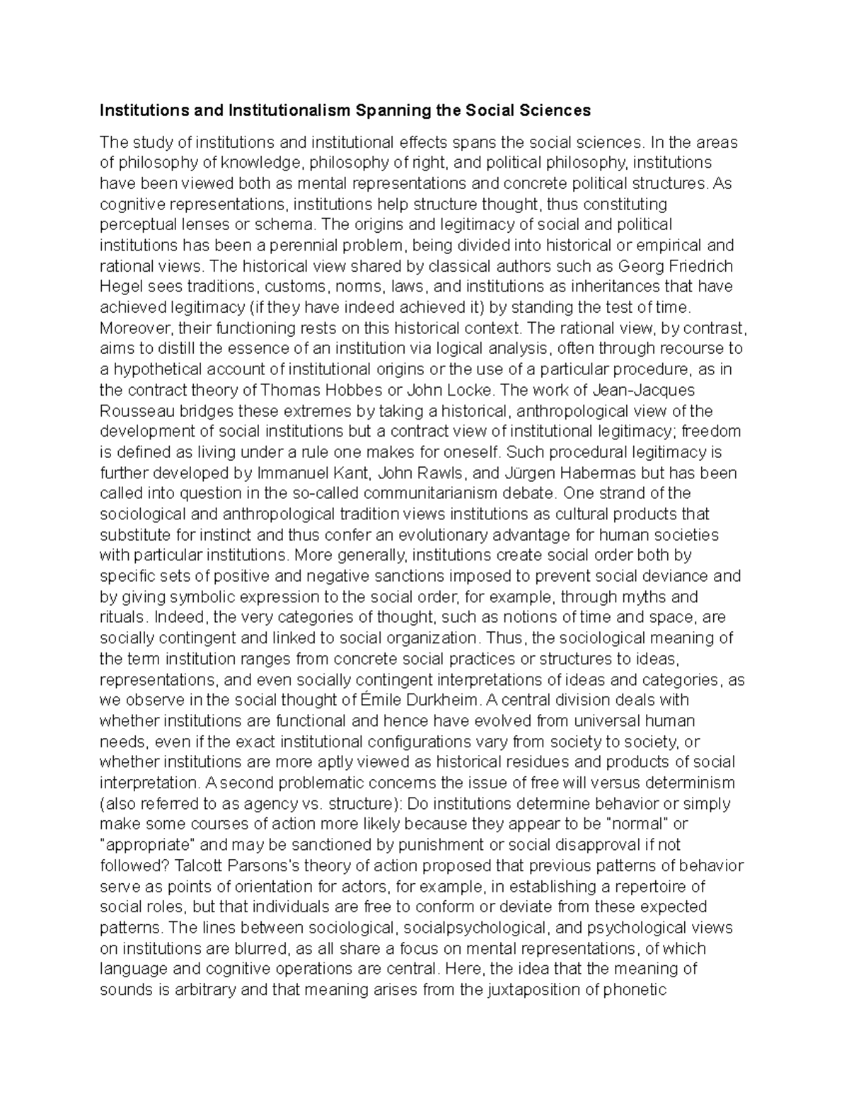 Institutions and Institutionalism Spanning the Social Sciences - In the ...