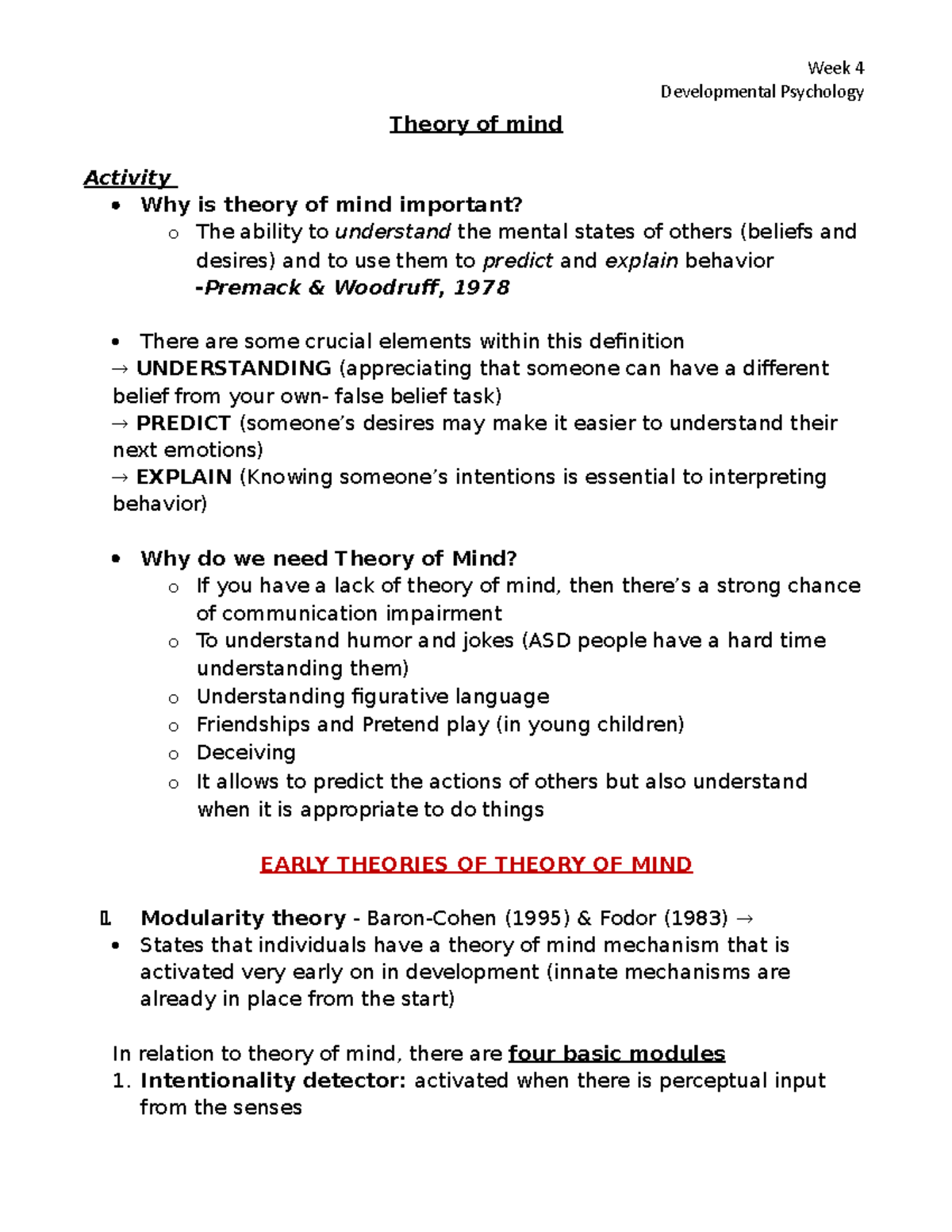 Theory of mind - Lecture notes 1 - Developmental Psychology Theory of ...