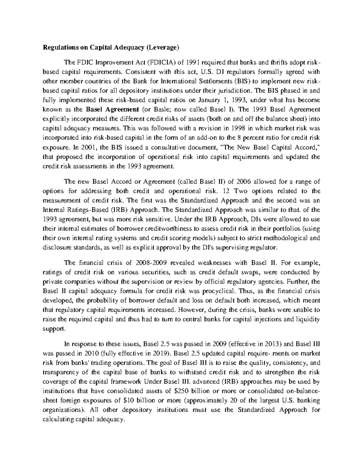 Regulations on Capital Adequacy (Leverage) - Consistent with this act ...