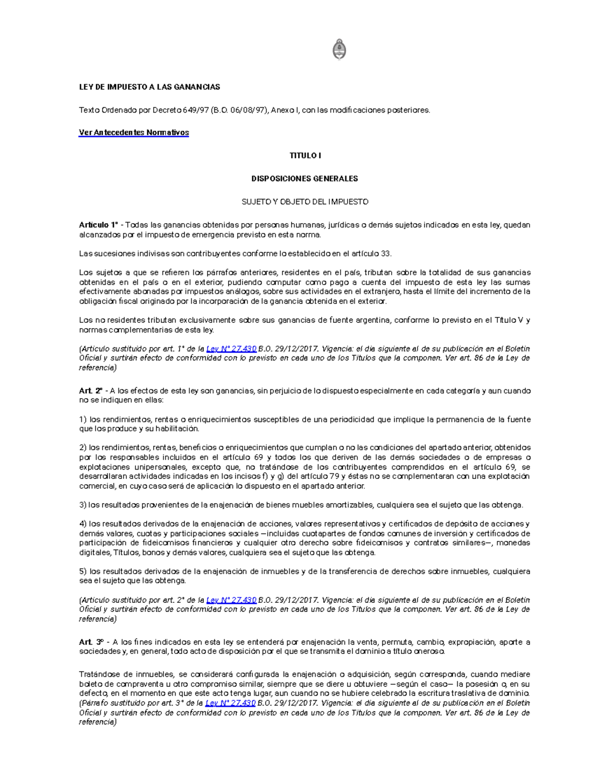 Impuesto A La Ganancia Ley De Impuesto A Las Ganancias Texto Ordenado