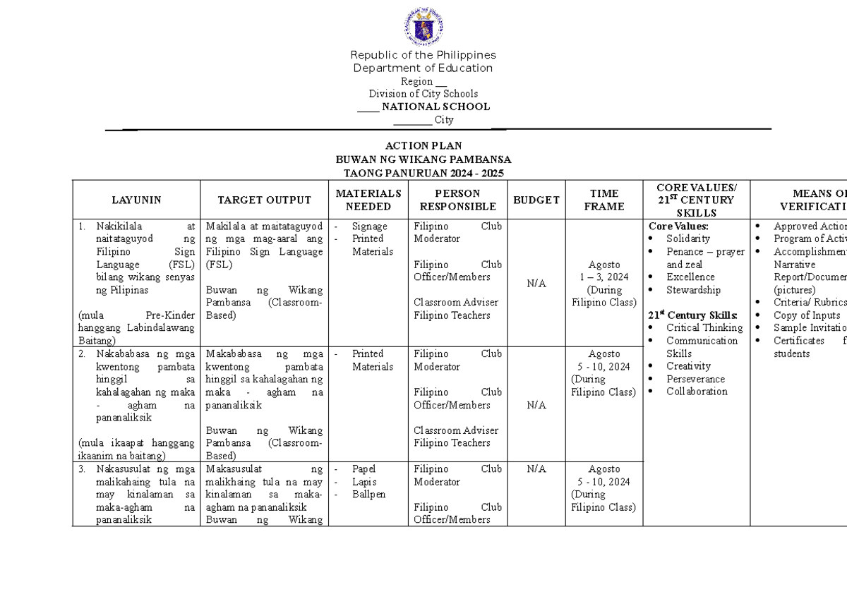 Buwan ng Wika Action Plan - Department of Education Region __ Division ...