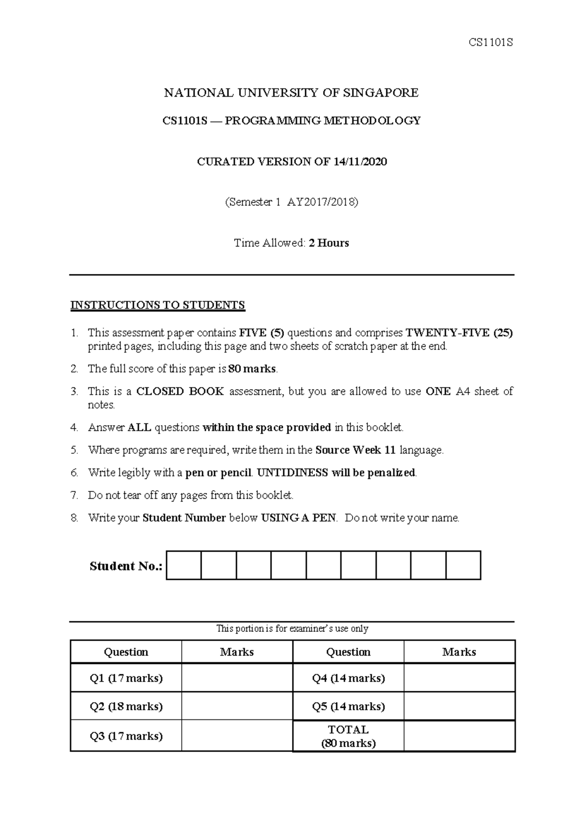 Cs1101s 1718s1 Exam National University Of Singapore Cs1101s — Programming Methodology Curated 