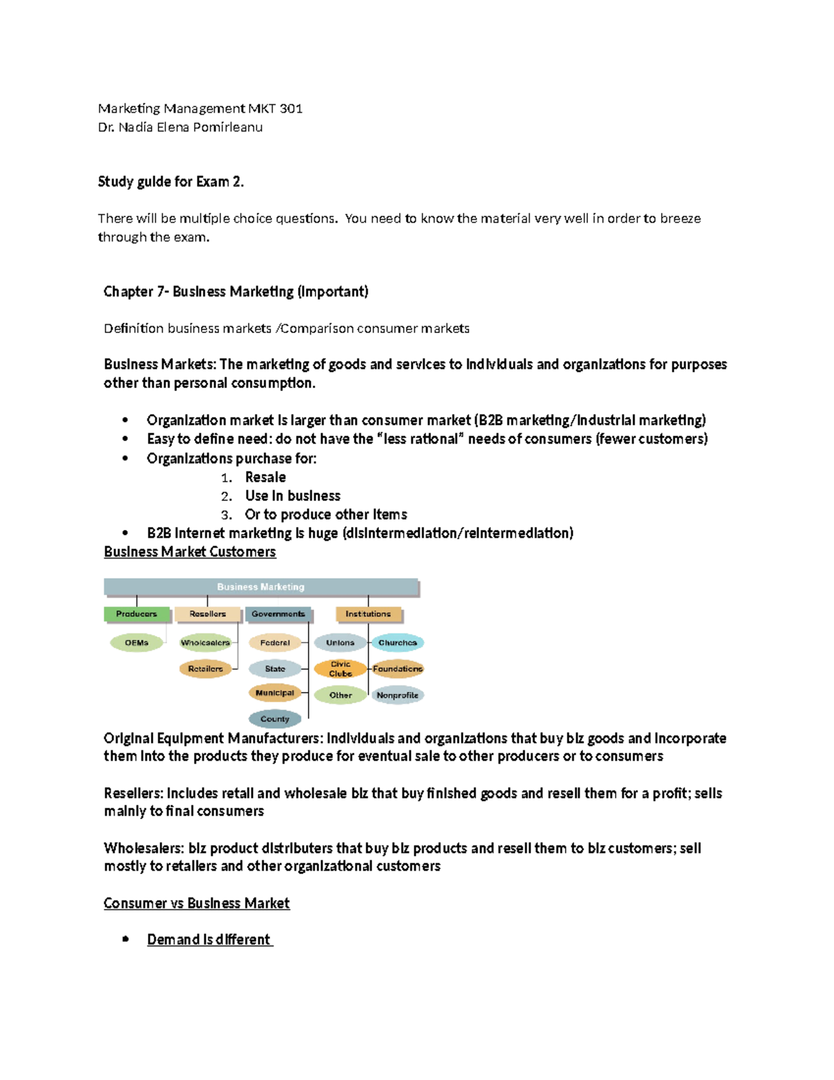 Marketing Management 301 Study guide exam 2 - Marketing Management MKT 301 Dr. Nadia Elena - Studocu
