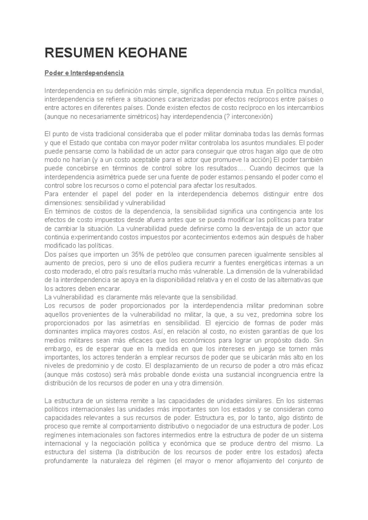 Resumen Keohane - Power and Interdependence - RESUMEN KEOHANE Poder e ...