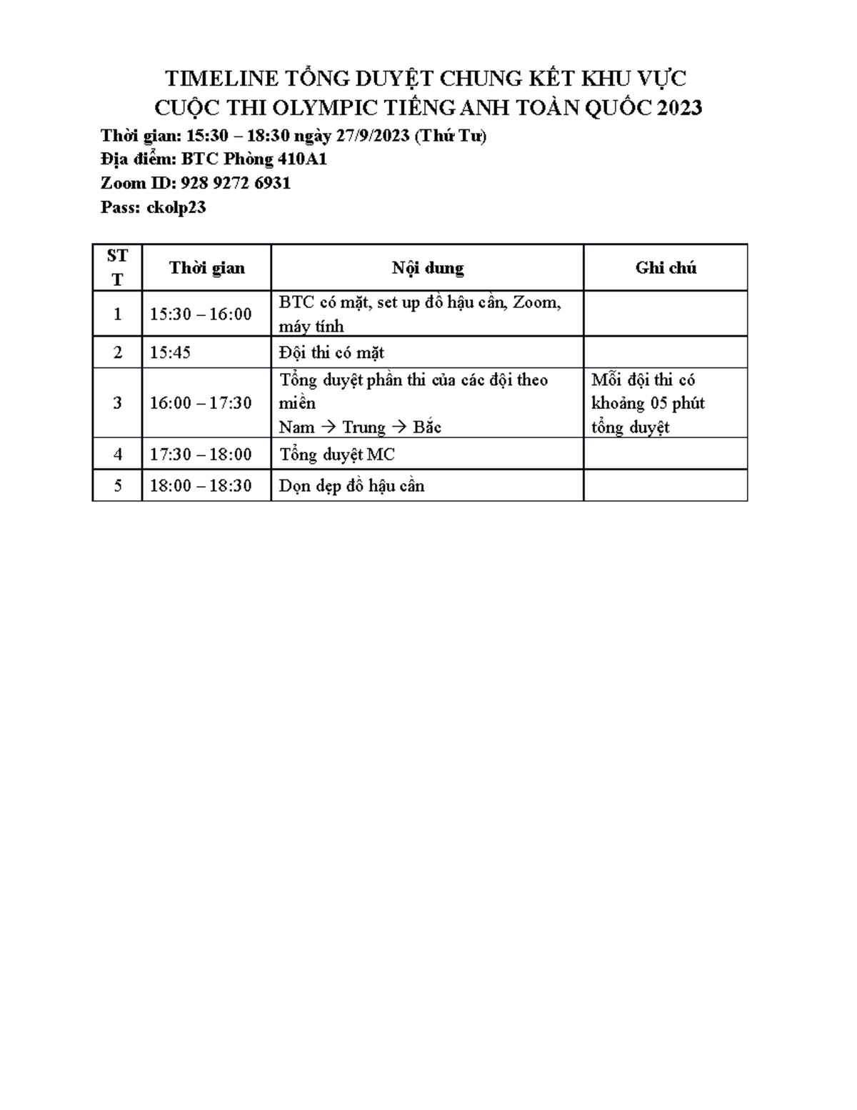 OLP 2023 Timeline tổng duyệt CKKV - TIMELINE TỔNG DUYỆT CHUNG KẾT KHU ...
