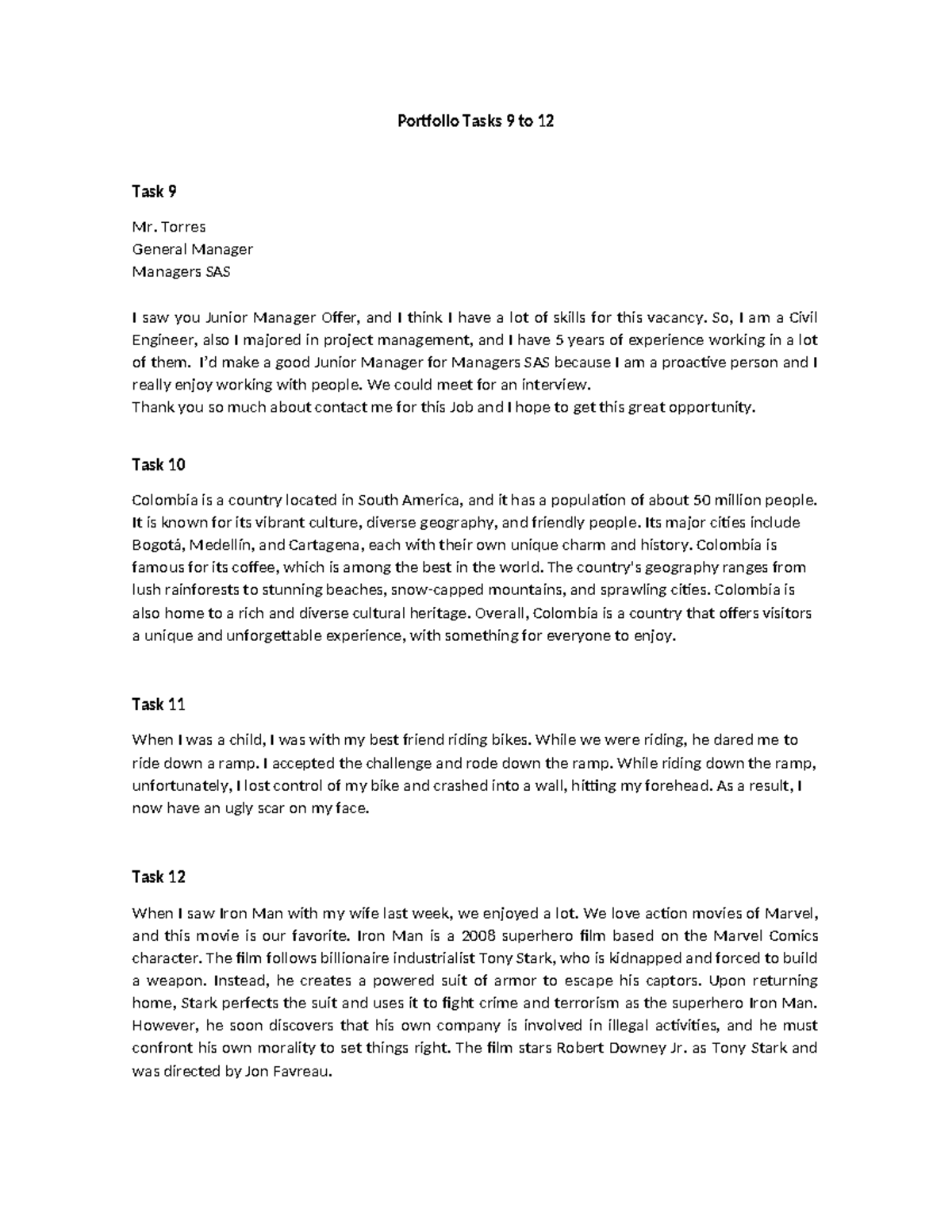 Portfolio Tasks 13 to 15 A2 - Portfolio Tasks 9 to 12 Task 9 Mr. Torres General Manager Managers ...