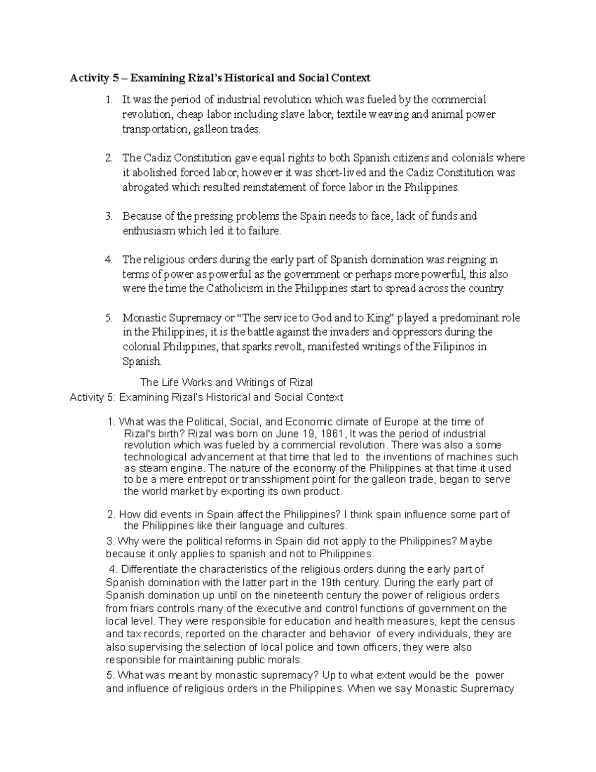 LV5-6 - Rizal-Chapter-5-6 - Activity 5 – Examining Rizal’s Historical and Social Context 1. It ...