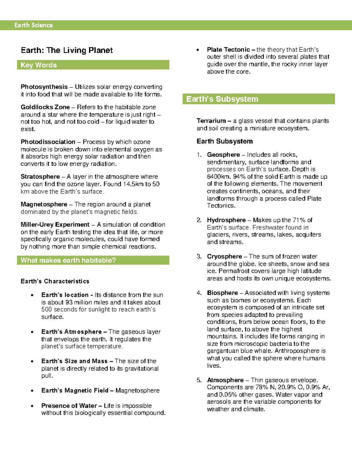 Earth-Science-Notes - ESCI NOTES - Earth: The Living Planet Key Words ...