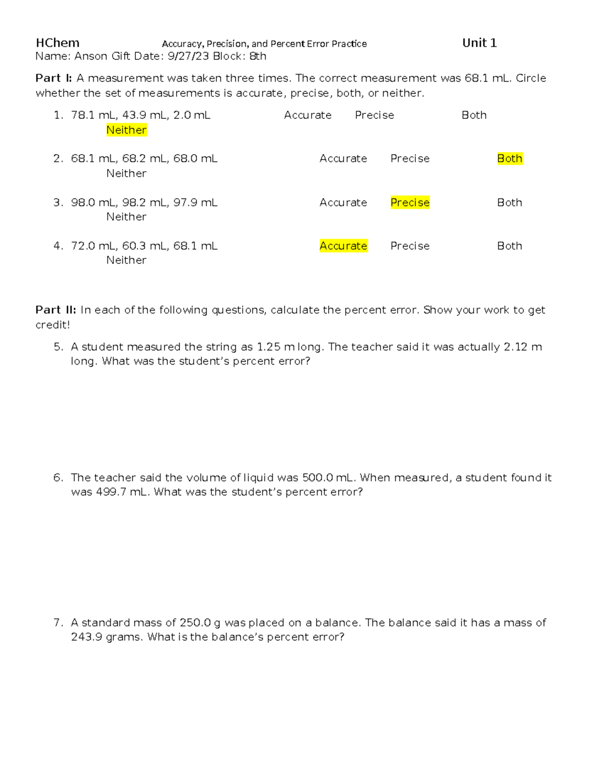 Accuracy, precision, and percent error practice-1 - HChem Accuracy ...