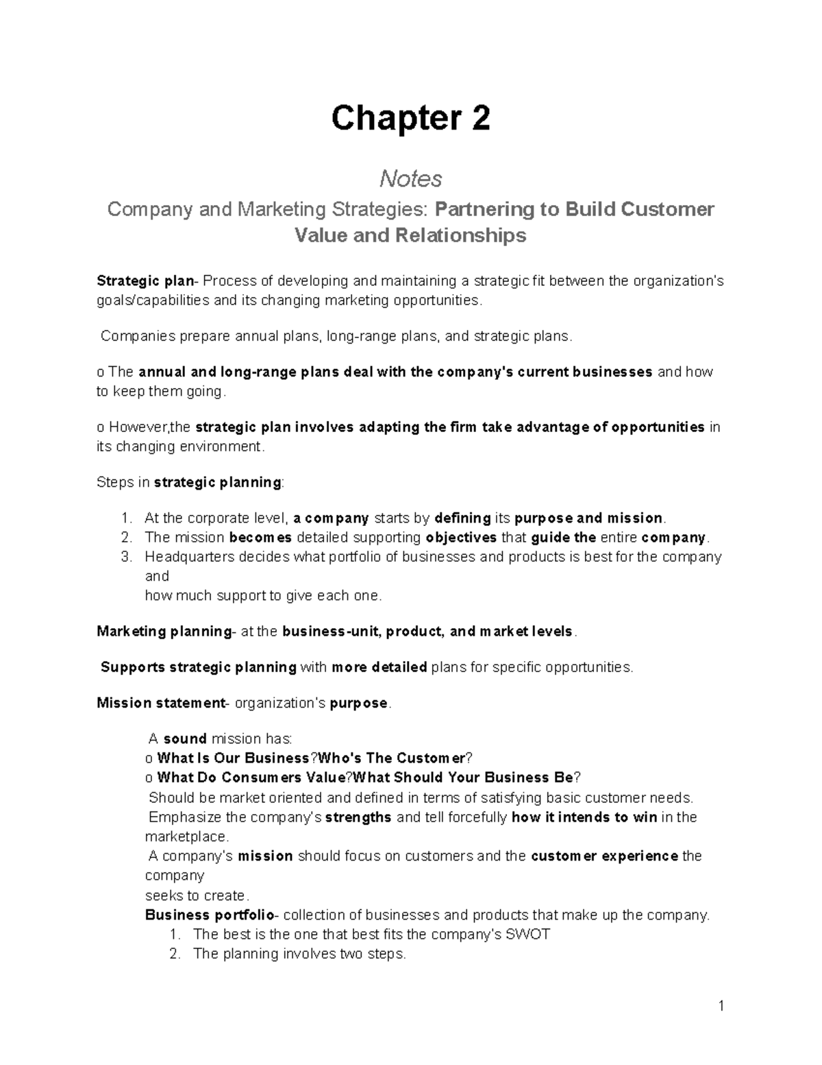 Chapter 2 Notes - Chapter 2 Notes Company and Marketing Strategies ...