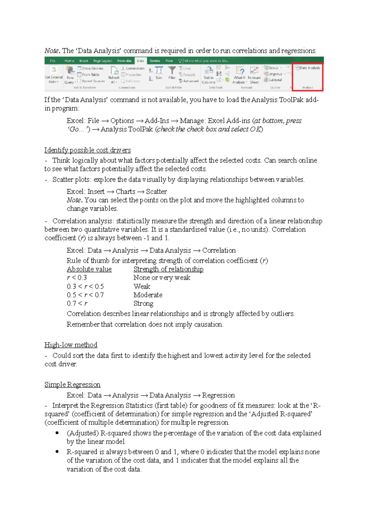 Excel notes - Regression analysis - Note. The ‘Data Analysis’ command ...