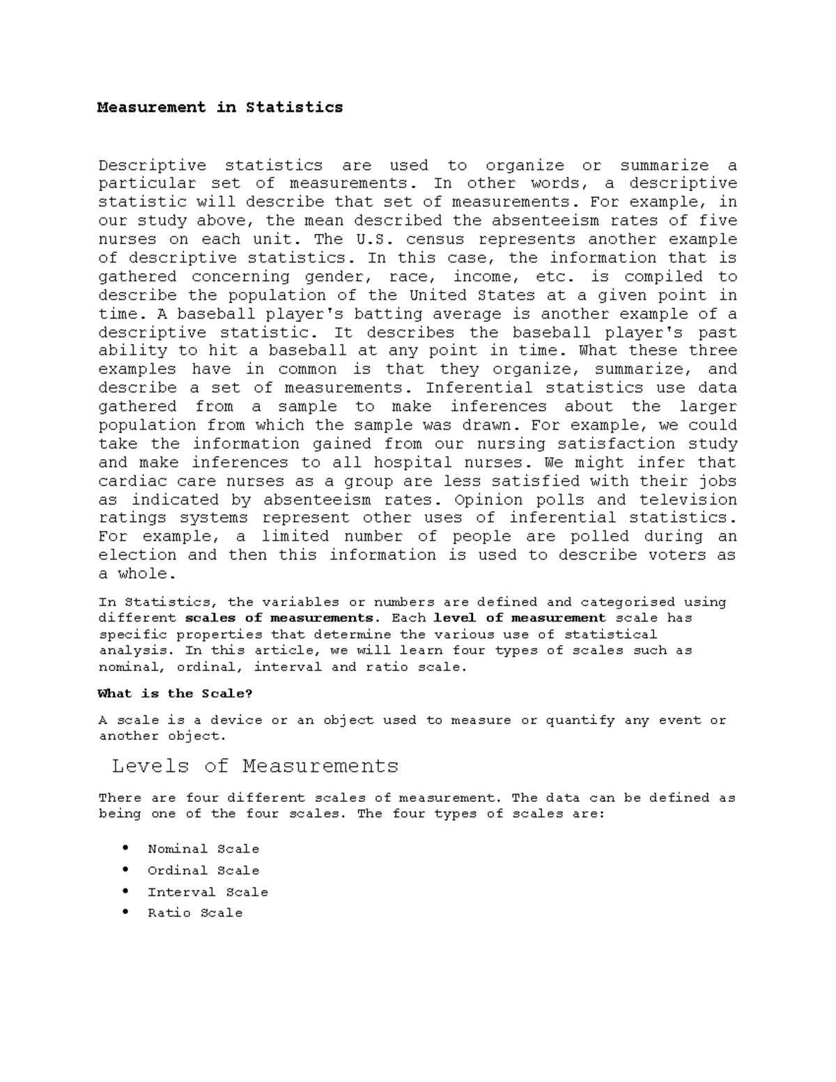 Measurement in Statistics - Measurement in Statistics Descriptive ...